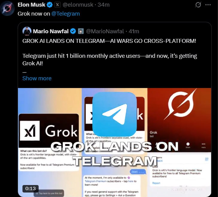 Der KI-Chatbot #Grok ist nun auf Telegram verfügbar, schreibt Elon # ...
